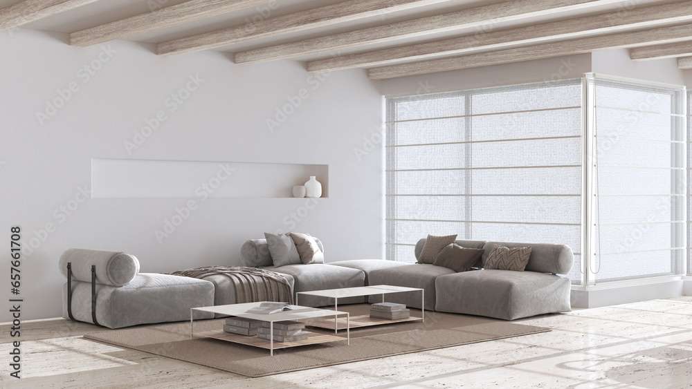 Minimal modern bleached wooden living room with sofa and table in white ...