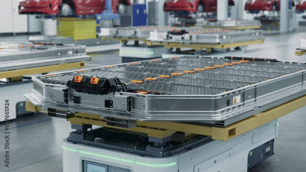 Electric Car Battery Pack loaded on AGV inside Modern Automotive Smart ...