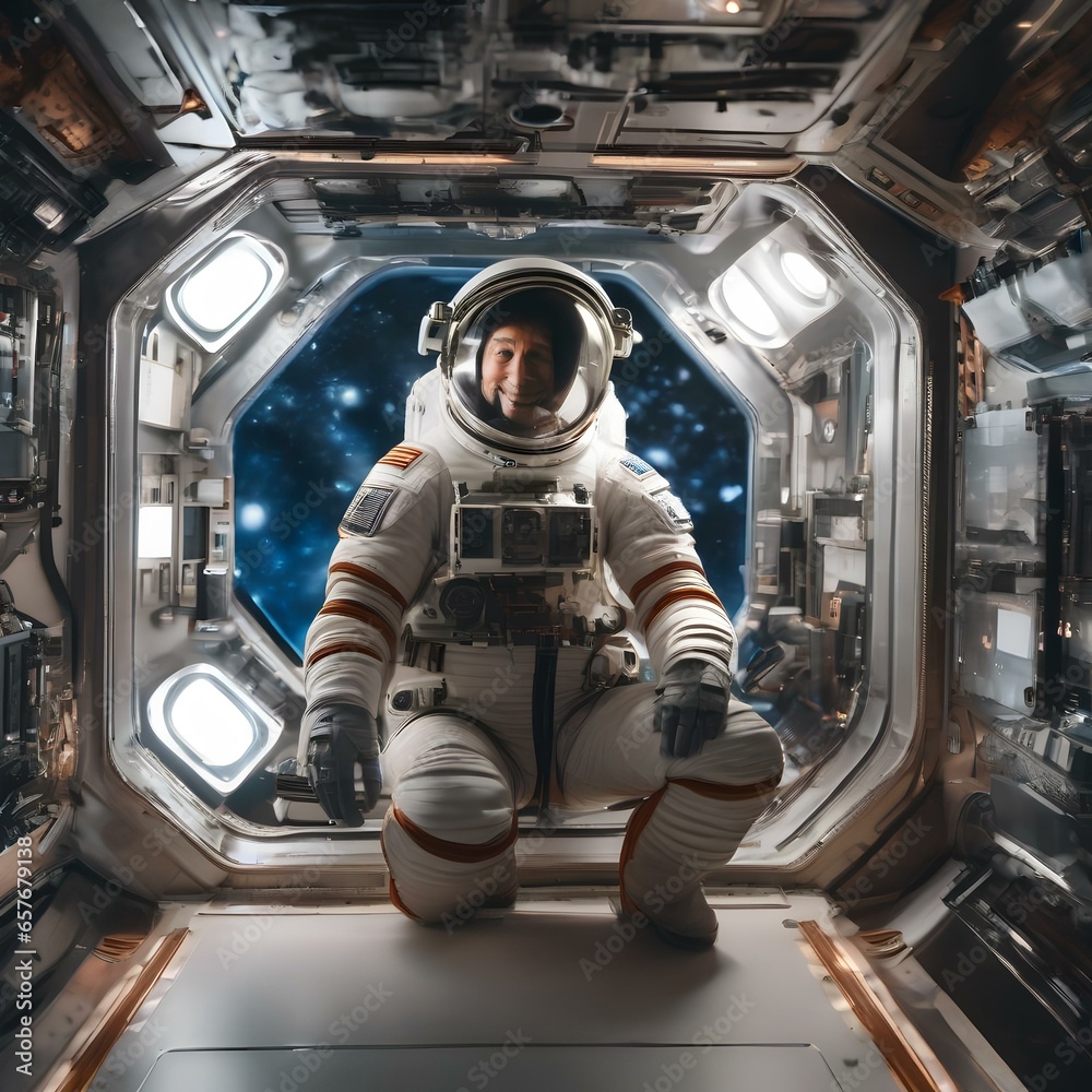 An astronaut conducting experiments inside a space station module ...