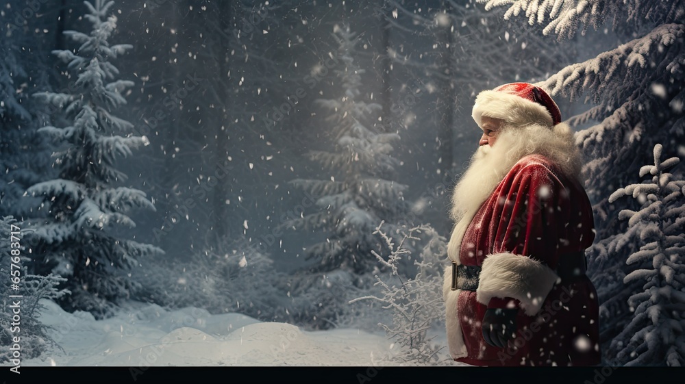 Santa Claus in a magical, snow-covered forest setting, surrounded by ...