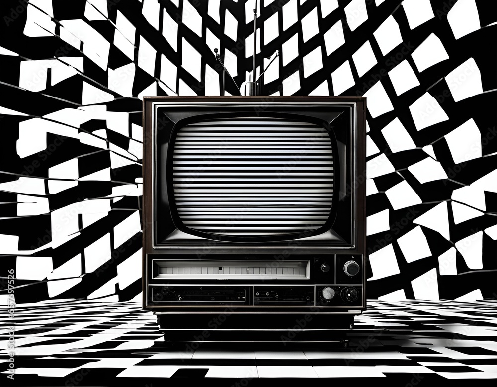 an old-fashioned television showing a black-and-white test pattern ...