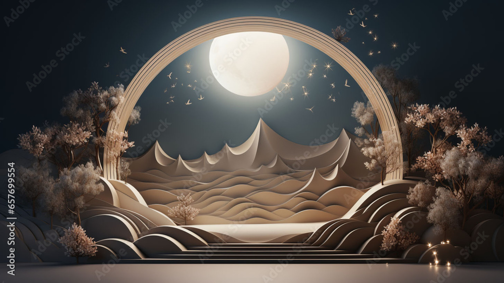 Golden Moonlit Oasis: 3D Rendered Podium in a Dreamlike Natural Setting ...