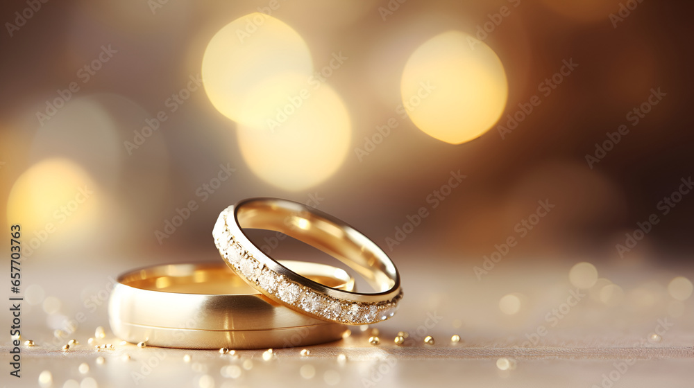 Wedding rings from red gold on light bokeh background. Gold wedding ...