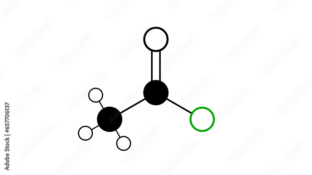acetyl chloride molecule, structural chemical formula, ball-and-stick ...