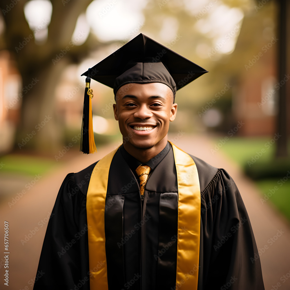 An African American college graduate wearing a gold sash which ...