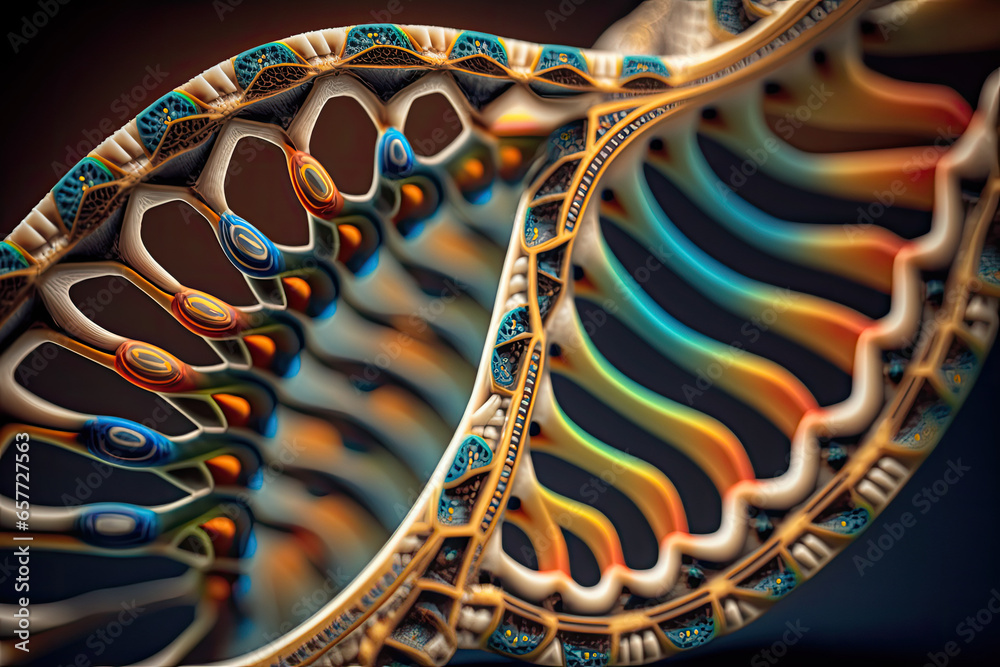 3d render abstract DNA strand made of spheres. Complex gene concept ...