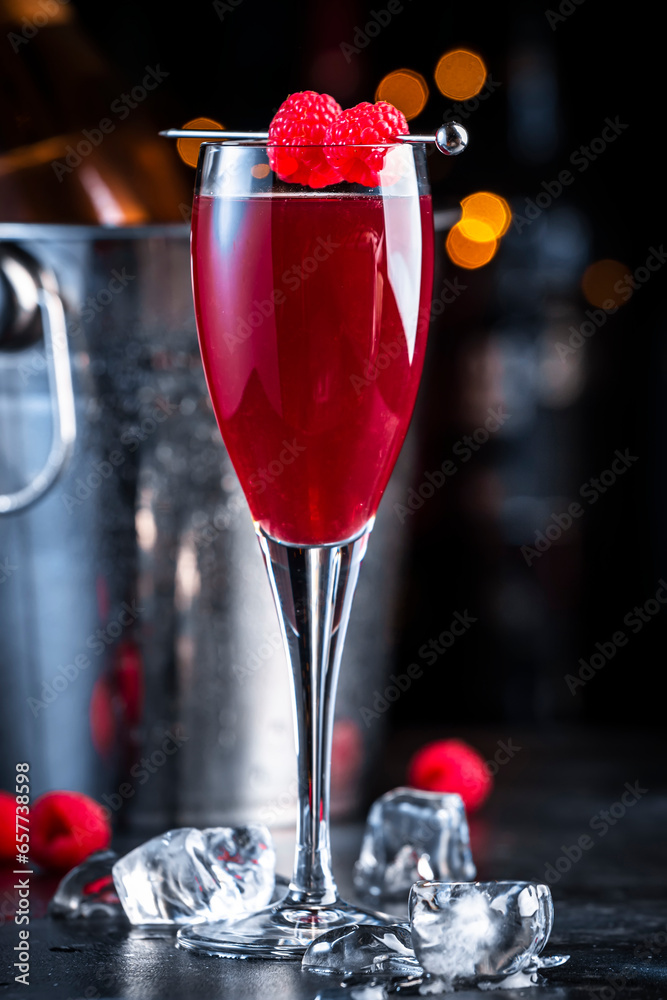 Moulin rouge cocktail drink with calvados, sparkling wine, lychee and ...