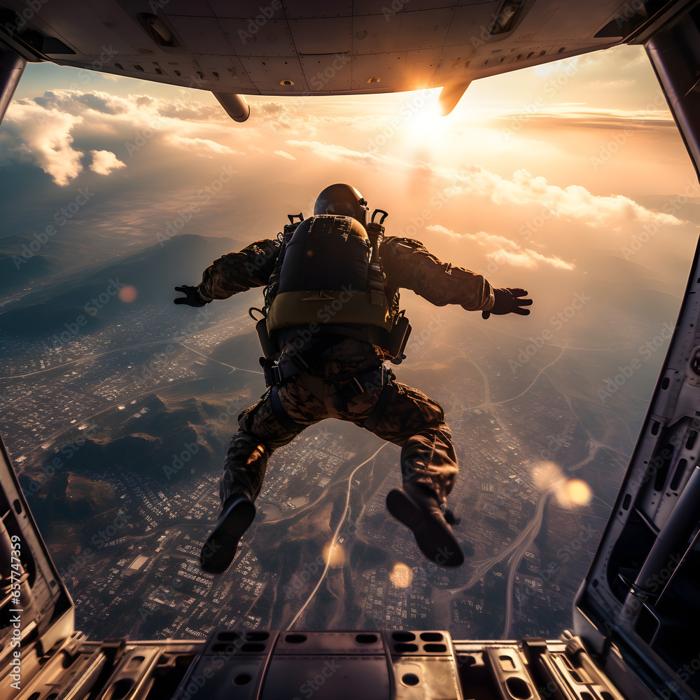 A soldier parachuting from a plane. Represents combat and paratroopers ...