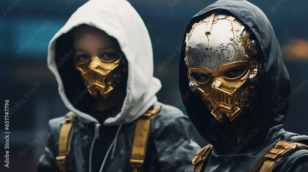 schoolboy action pose, advanced cyberpunk cyborg wearing cool skull ...