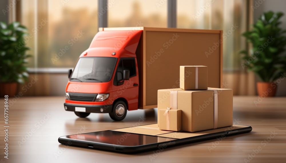Truckload, commercial vehicle with many Corton boxes. Express delivery mobile app. Track ...