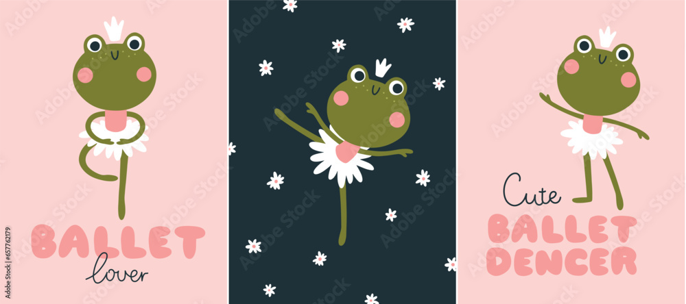 Ballerina frogs card set with lettering. Vector illustration of cute ...