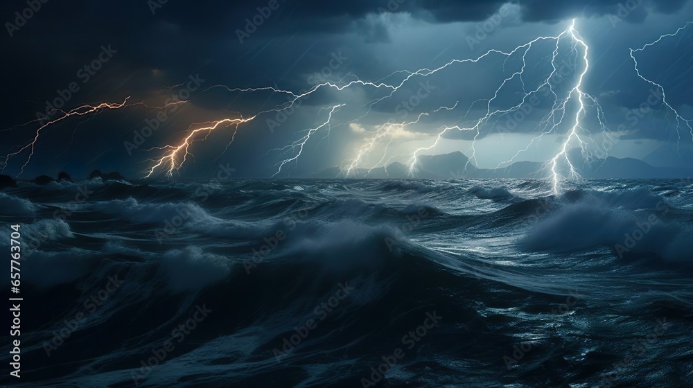 Lightning over the sea ocean. Storm lightning. A huge branched ...