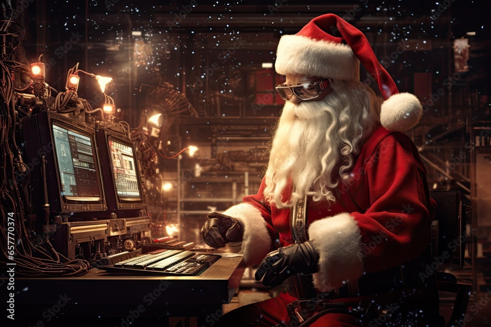 digital technology on christmas santa claus work in office illustration ...