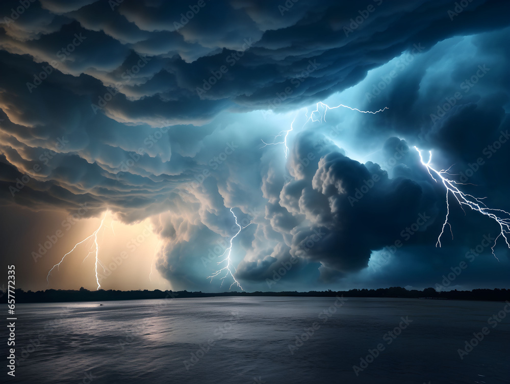 Storm in the sky over the sea, lightning, sky background with ...