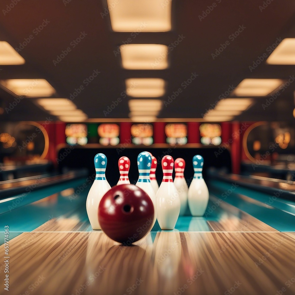 Strike! Brightly colored bowling ball knocks down pins in a crowded ...