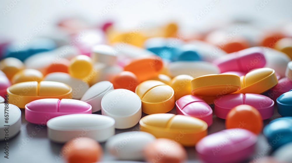 Multi-colored tablets of different shapes are scattered on a flat ...