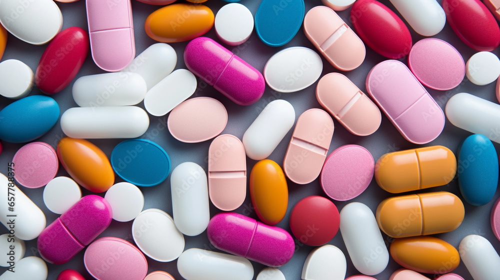 Multi-colored tablets of different shapes are scattered on a flat ...