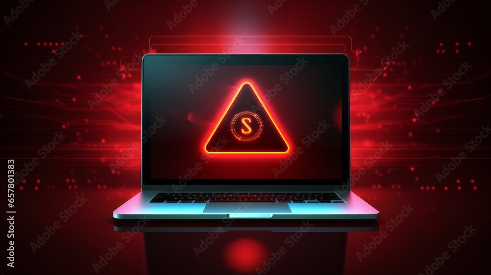 Concept of hacking and cybersecurity. A warning sign with an ...