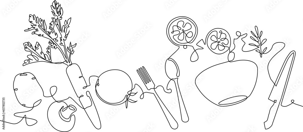 Horisontal continuous line drawing poster with utensils and food ...