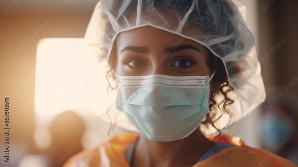 A multicultural doctor woman, adorned in a mask, exudes confidence and ...