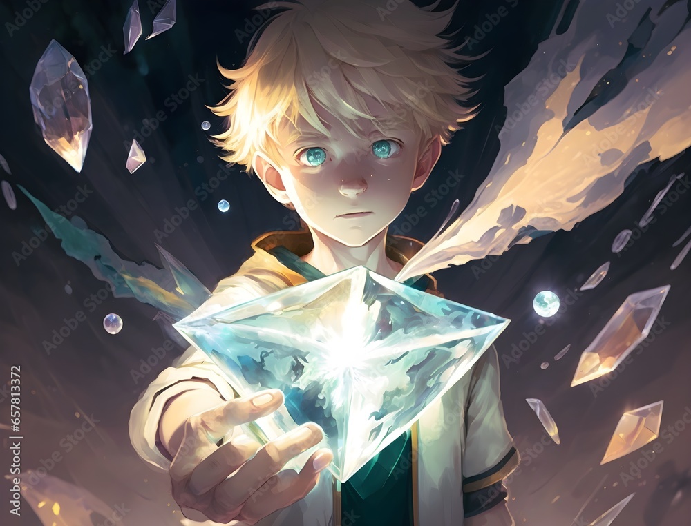 anime style comic book style a boy with blonde hair in a white shirt ...