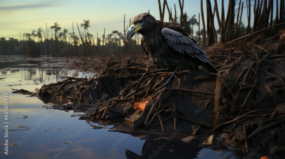 Oil spill in Amazon river causing devastating effects. Black oil ...