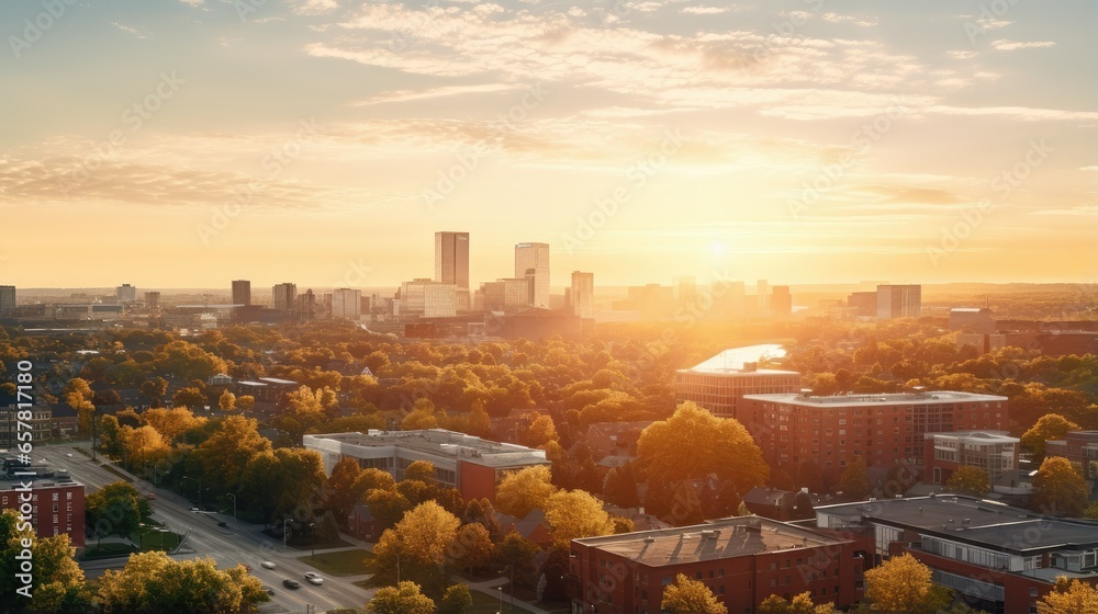 A panoramic view of a sustainable city at sunset, featuring wind ...