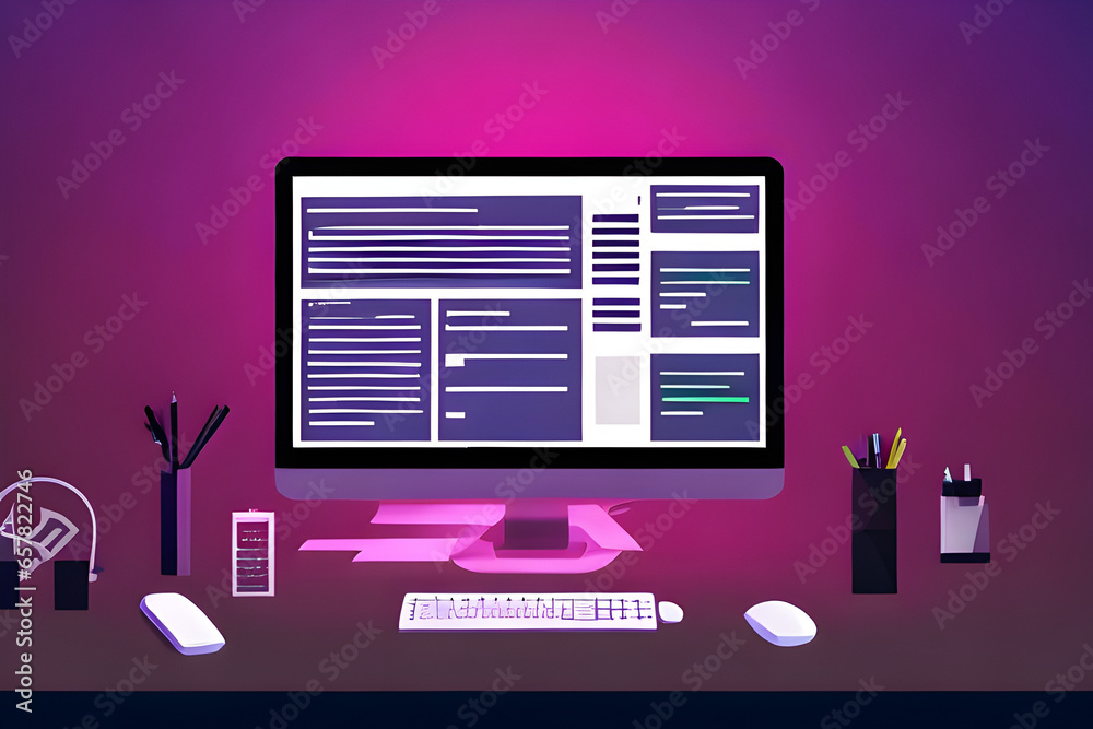 PC computer screen in classic IT office workstation On Abstract Virtual ...