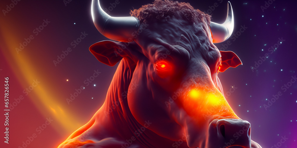 Stier Bulle Kraft und Stärke, Kopf eines Stieres mit Hörnern voller ...