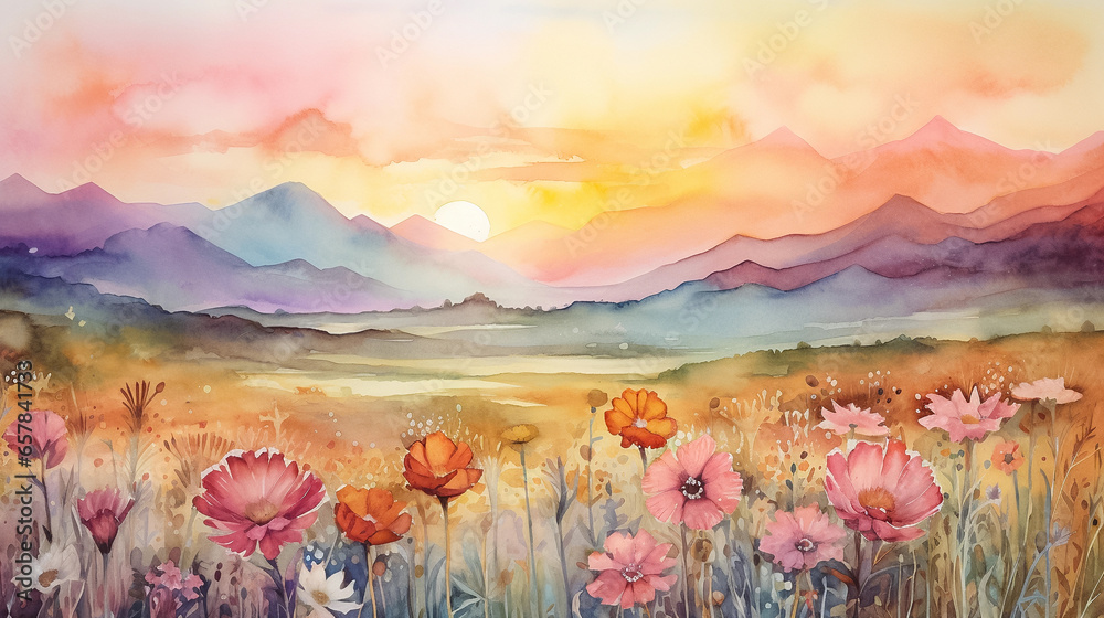 Watercolor summer landscape with wildflowers and mountains. Digital ...