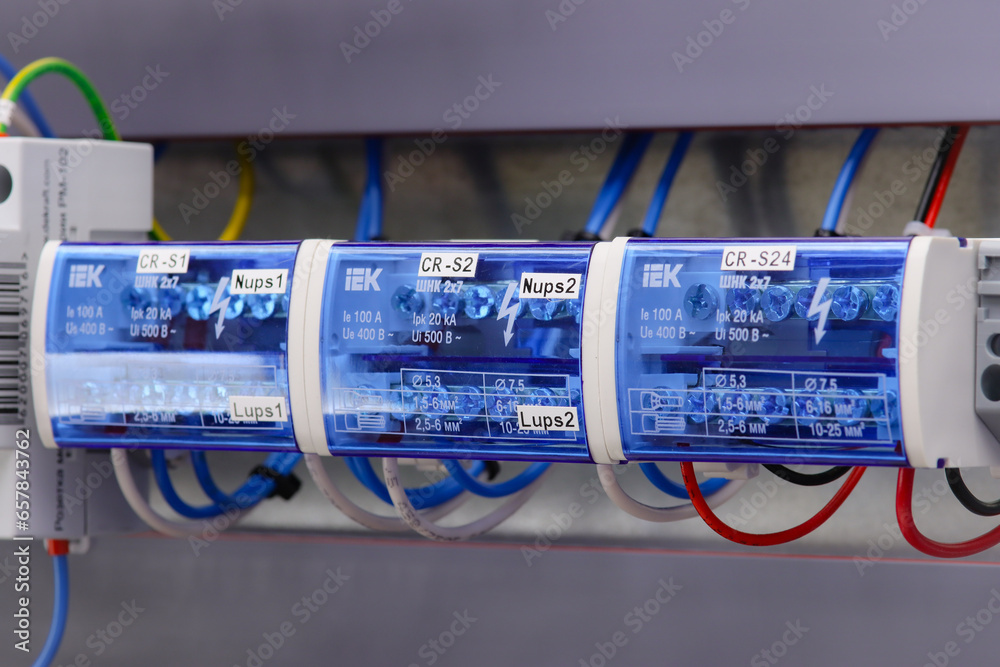 IEK electrical distribution units for connecting electrical copper wiring. Stock Photo | Adobe Stock