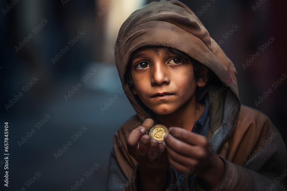 Poor beggar hungry child boy ragged in torn clothes with an ...