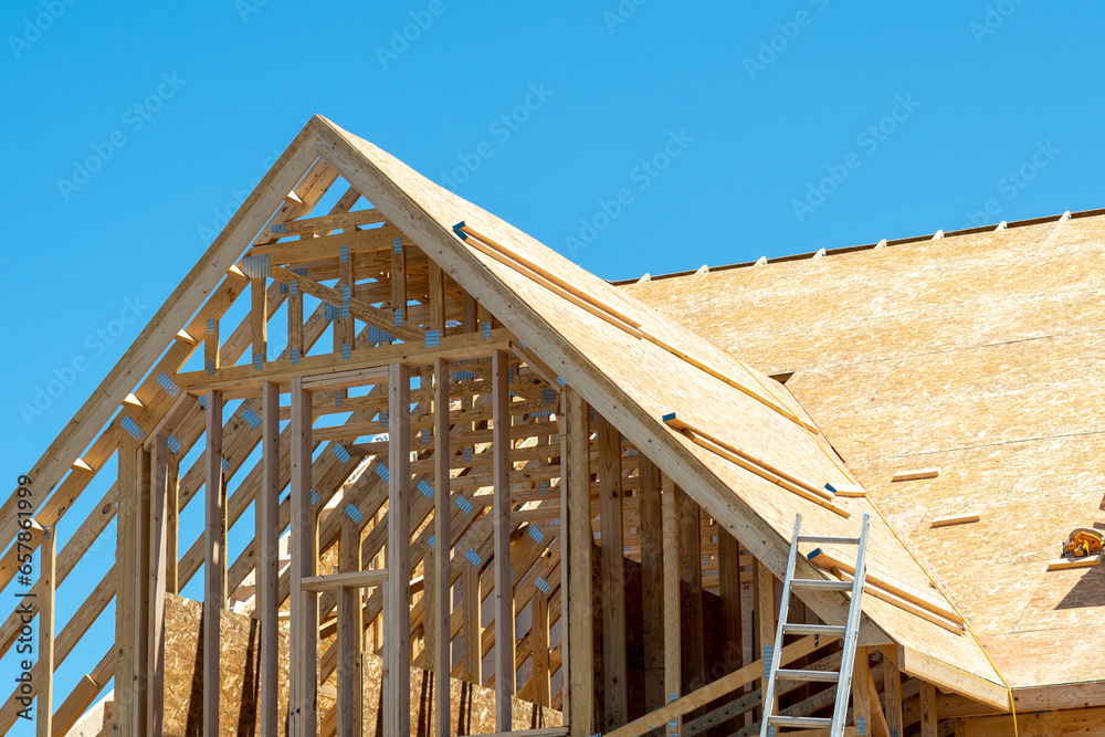 plywood house rafters roof wooden house framework building site board ...