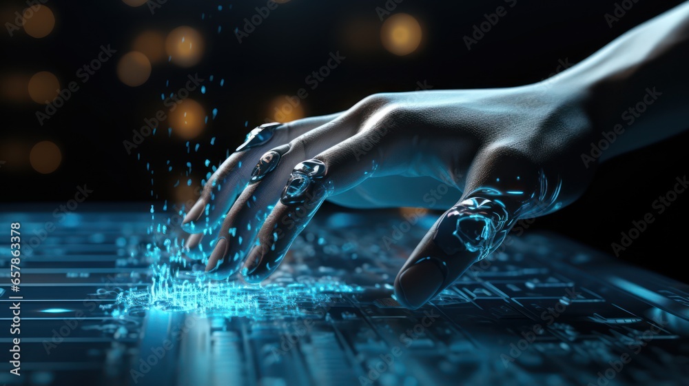 Data analytics concept. Hand touches stream of glowing generated datum ...
