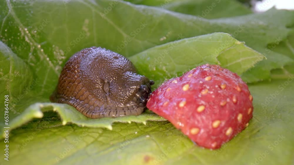 Spanish slug, arion vulgaris, eats raspberries. A Spanish slug eating a ...