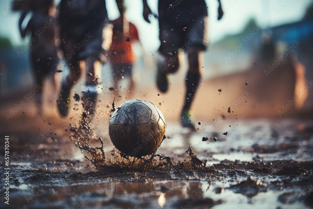 Soccer players legs shooting ball at muddy football field at stadium ...