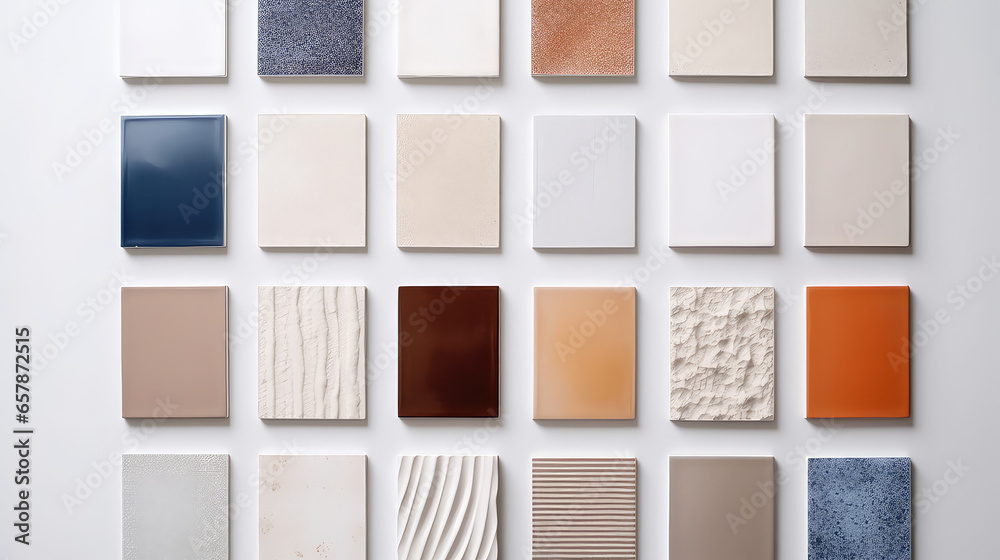 Samples of wall tiles. Assortment of tiles with different colors for ...