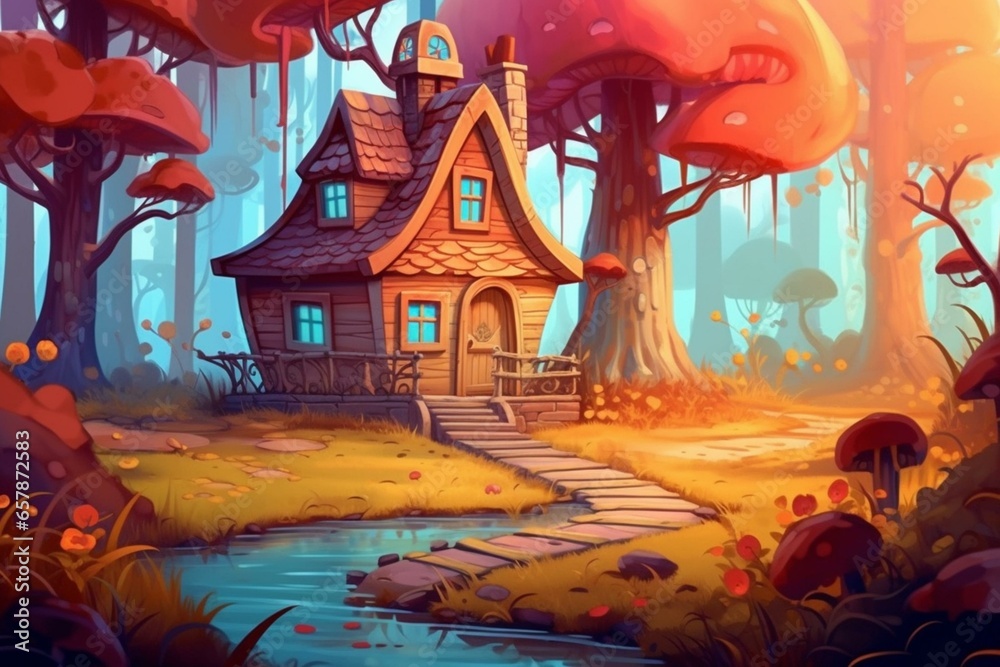 Art: forest house in nature land. Cartoon artwork scene, wallpaper ...