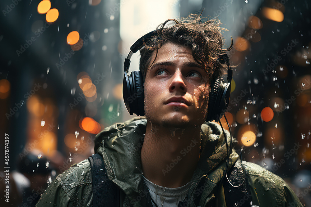 A person wearing noise-canceling headphones in a chaotic urban ...