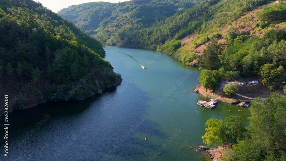 Boat Cruising In The Minho River With Praia da Coba In Summer In Lugo ...