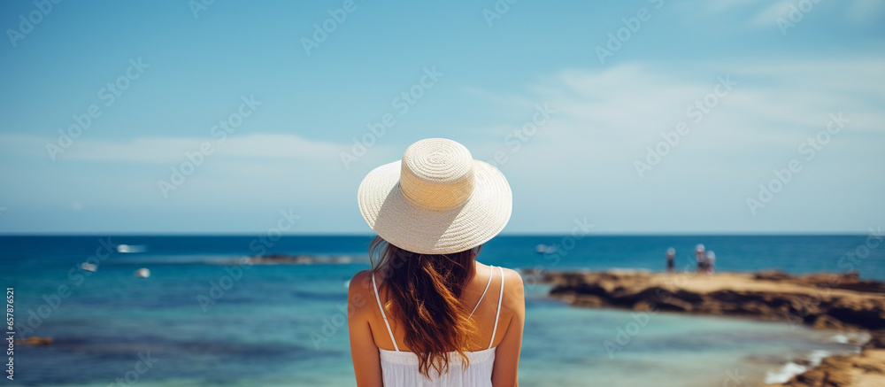 Summer young woman standing backwards and watching beach in white dress ...