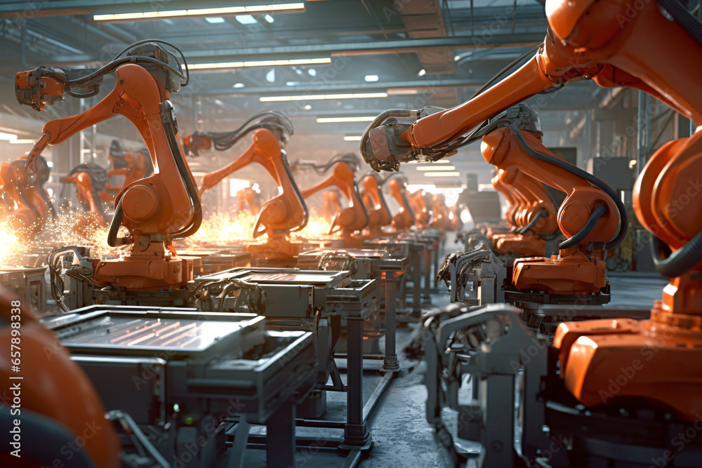Industrial robot working on assembly line in factory. Smart industry ...