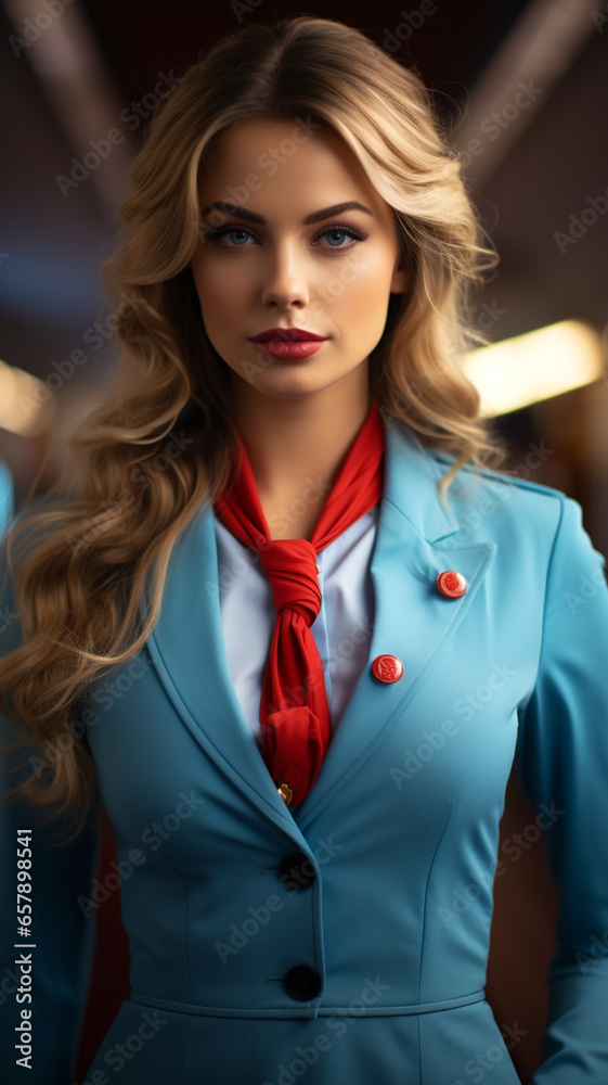 Beautiful portrait of airport worker and airplane and pilot's assistant ...