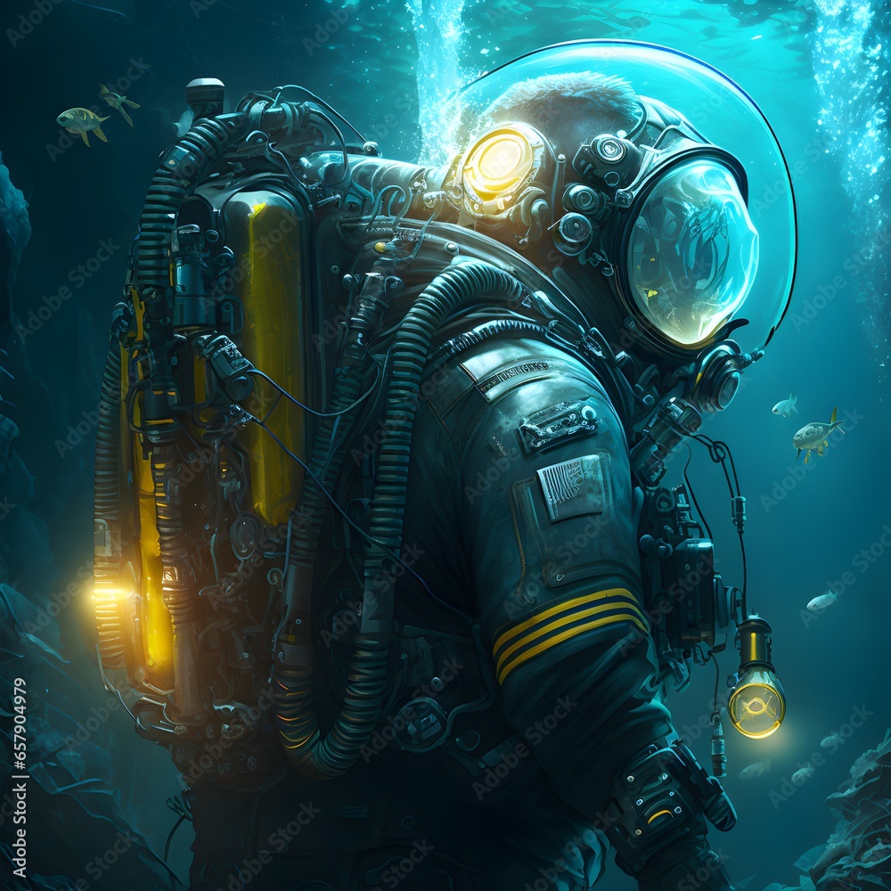 scifi diver with sleek futuristic external rebreather on his back that ...