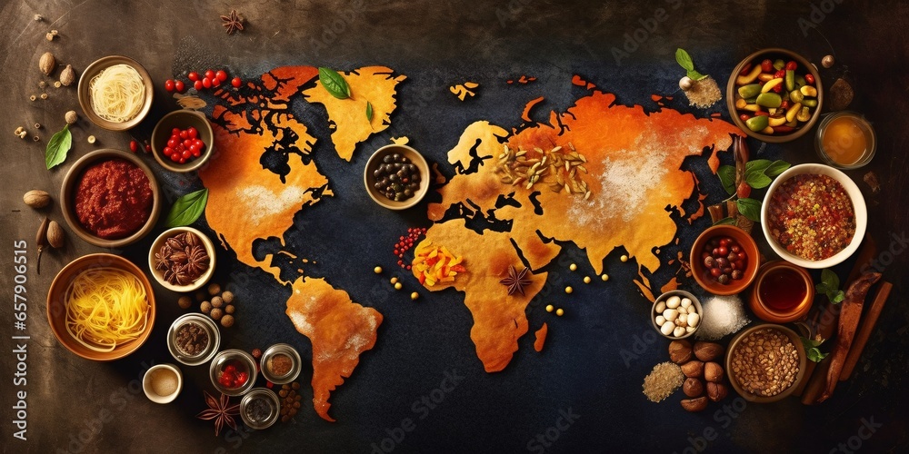 World map made of different spices and herbs on dark background, top ...