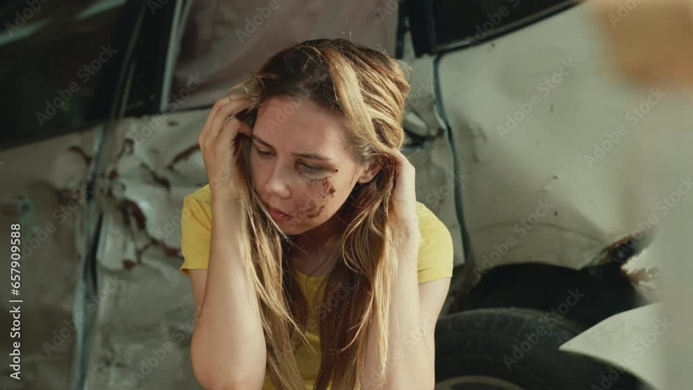 Sad knocked down woman with injuried face sitting on ground with ...