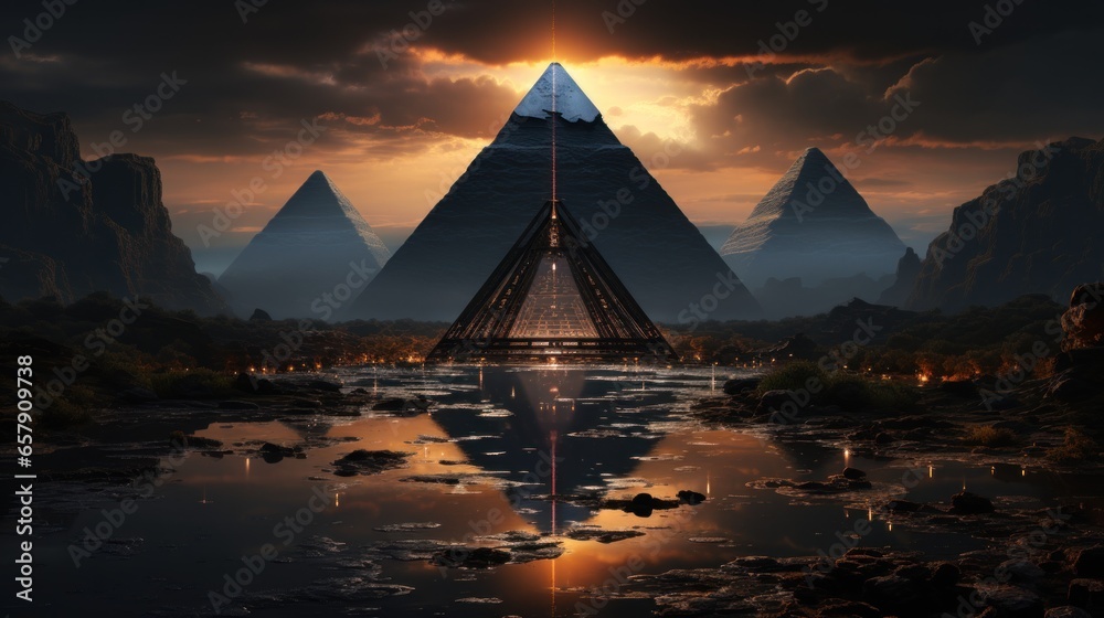 Ancient wisdom: mystical pyramids emitting light. The mystery of ...