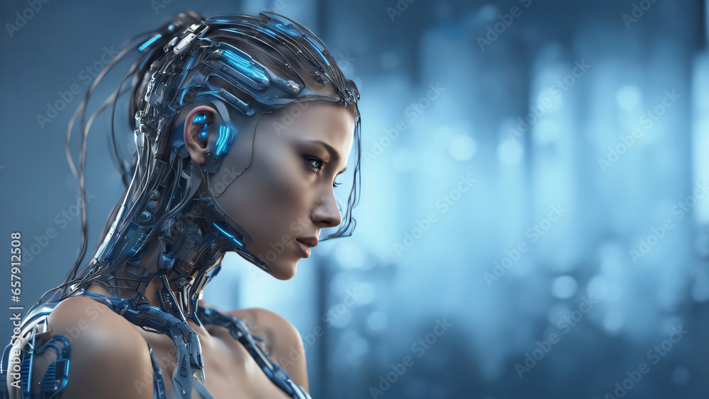 Young female detailed cyborg with mechanisms and wires in head against ...