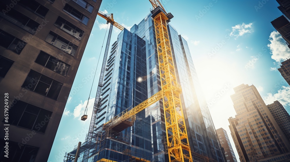 An Looking up at skyscraper construction site with yellow crane and ...