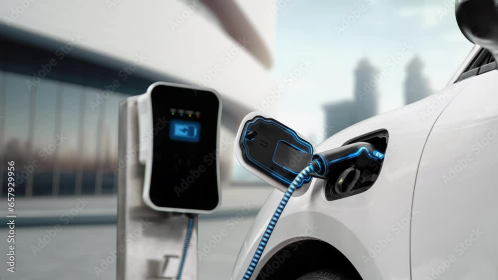 Electric car recharging from smart EV charging station in modern and ...